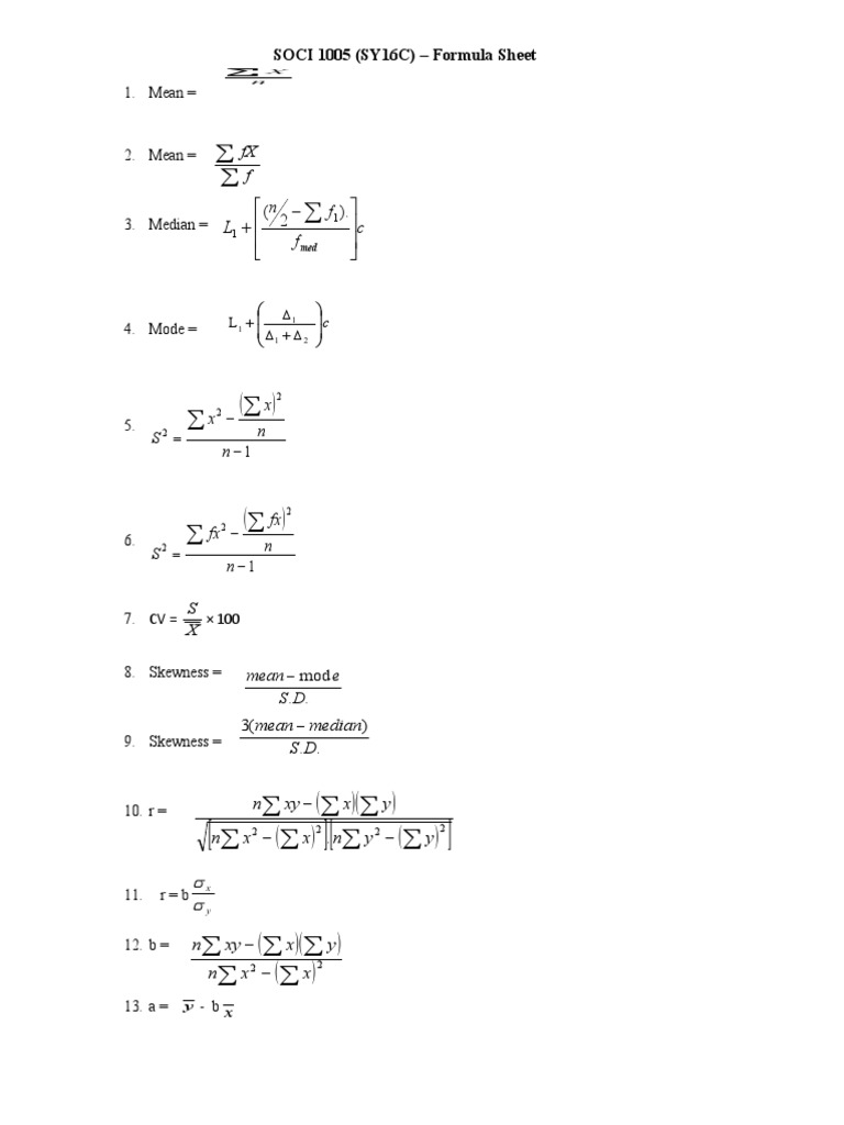 Statistical Formula Sheet | PDF