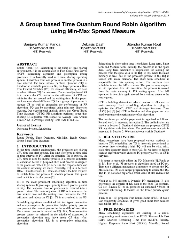 A Group Based Time Quantum Round Robin Algorithm Using Min Max Spread Measure Pdf Scheduling