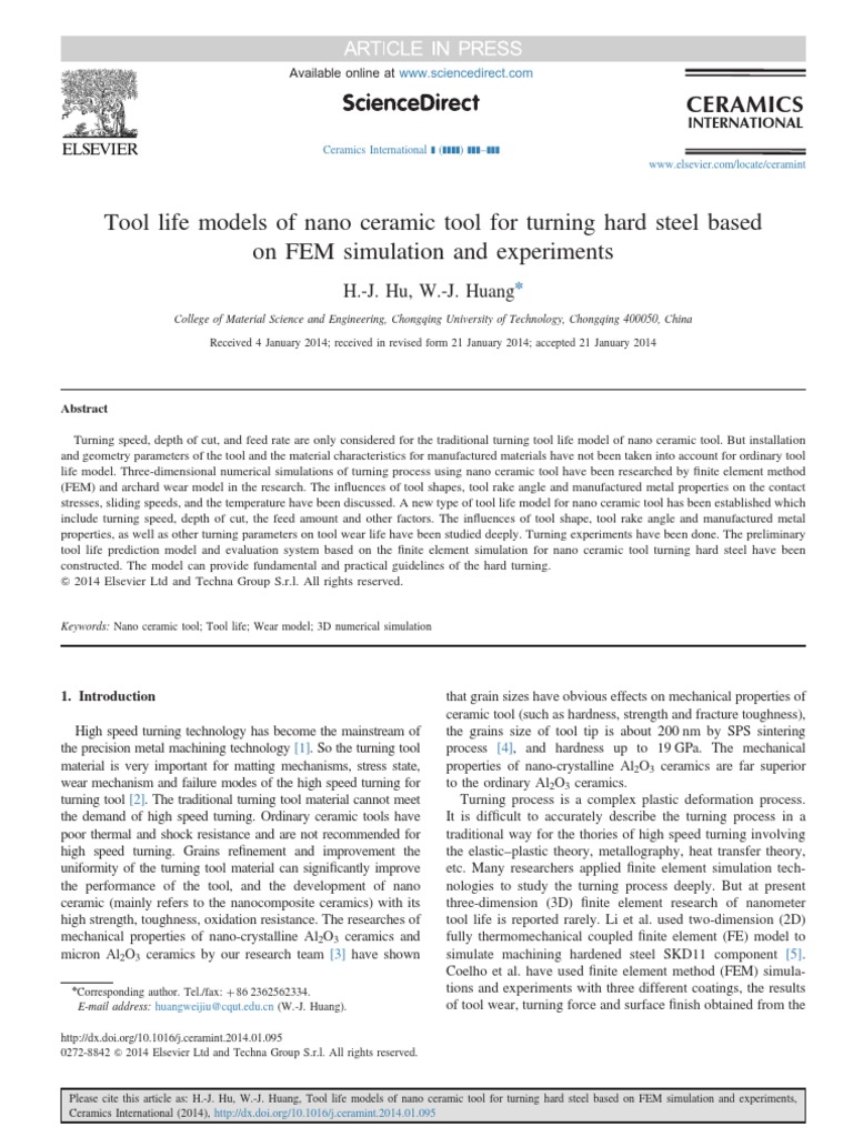 Tool Life Models of Nano Ceramic Tool For Turning Hard Steel Based On FEM Simulation and ...