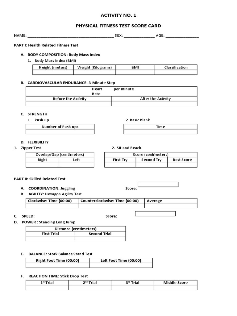 Activity No. 1 Physical Fitness Test Score Card: ST ND RD | PDF
