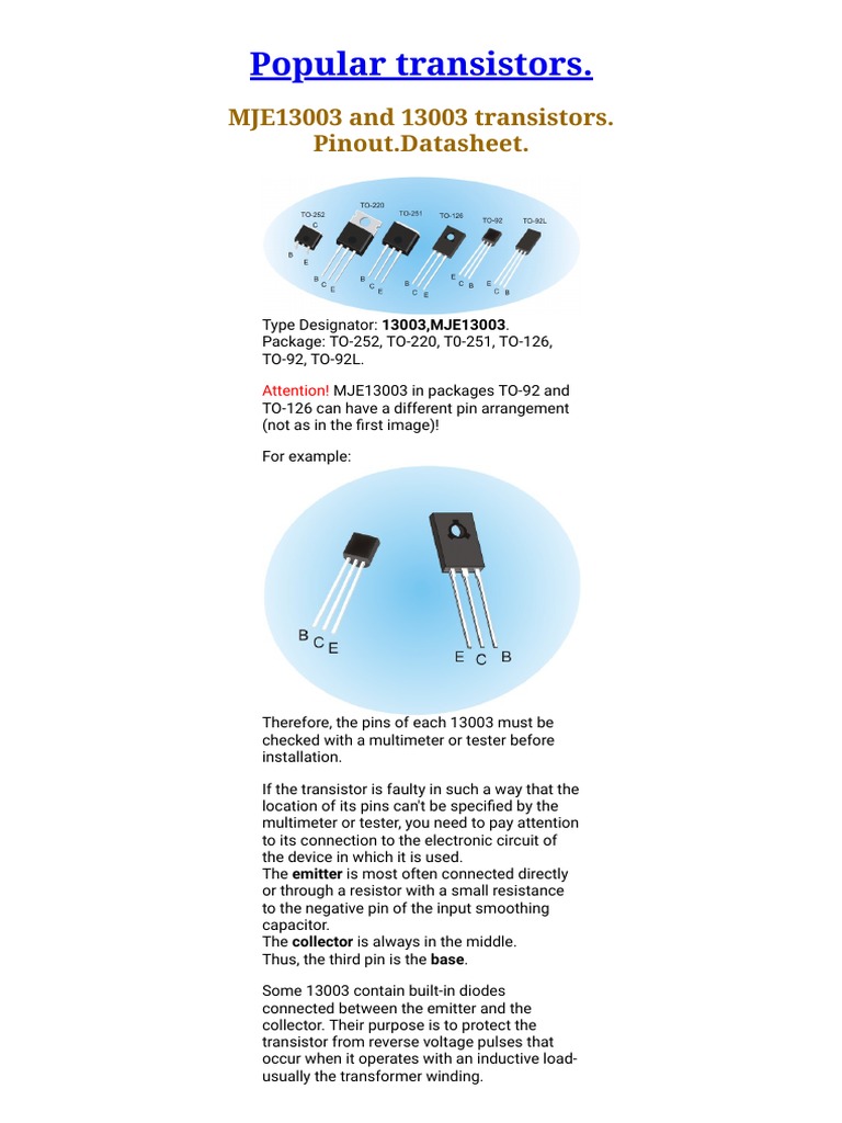 MJE13003 and 13003 Transistors - Pinout. Datasheet PDF | PDF