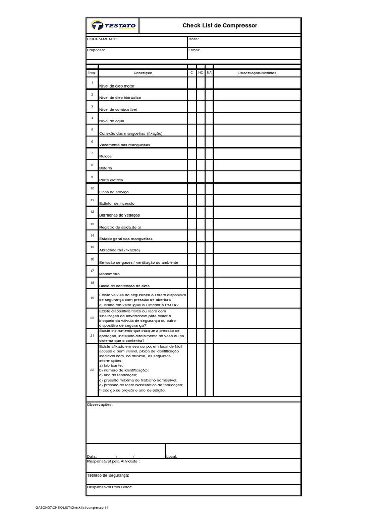 Check List Compressor | PDF | Pressão | Energia e recurso