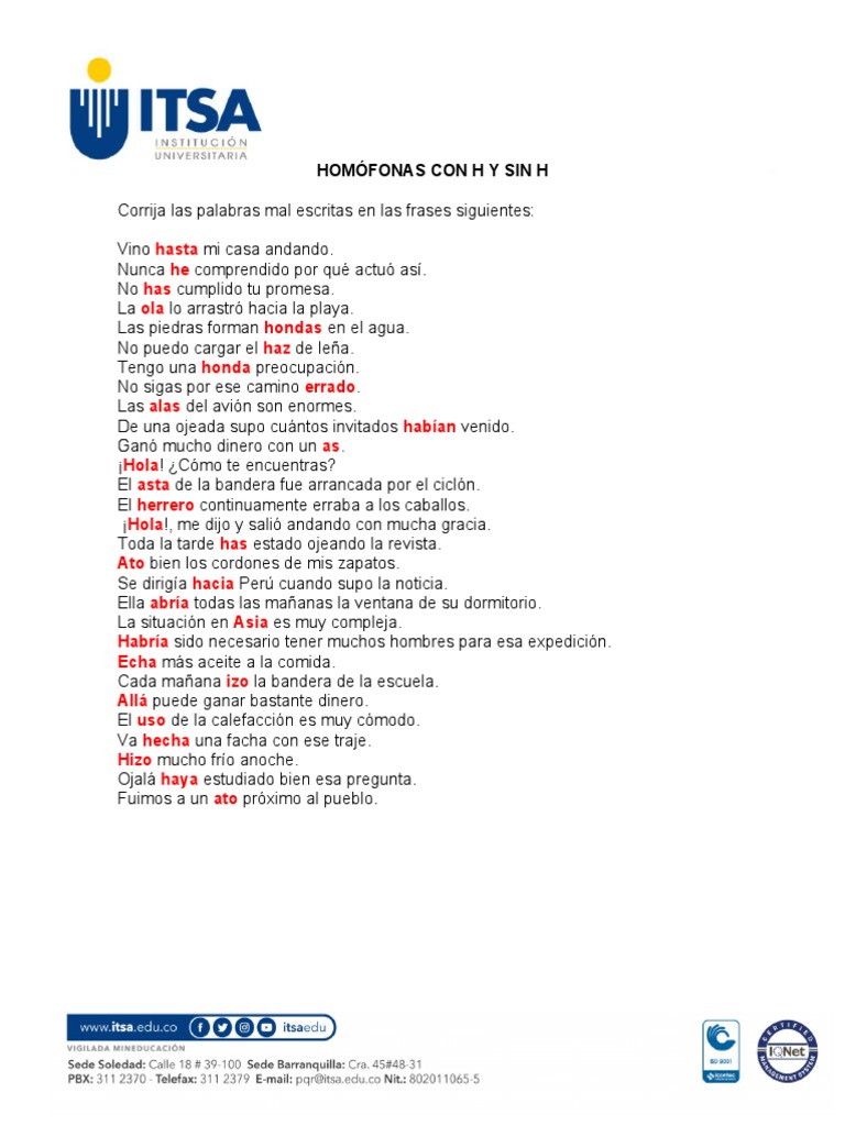 Homófonas Con H y Sin H EJERCICIO Nayelith G - Centeno | PDF | Sintaxis ...