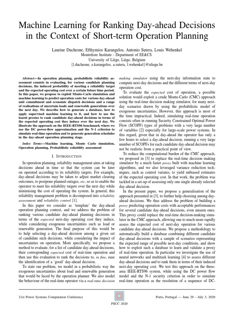 Machine Learning For Ranking Day-Ahead Decisions in The Context of ...