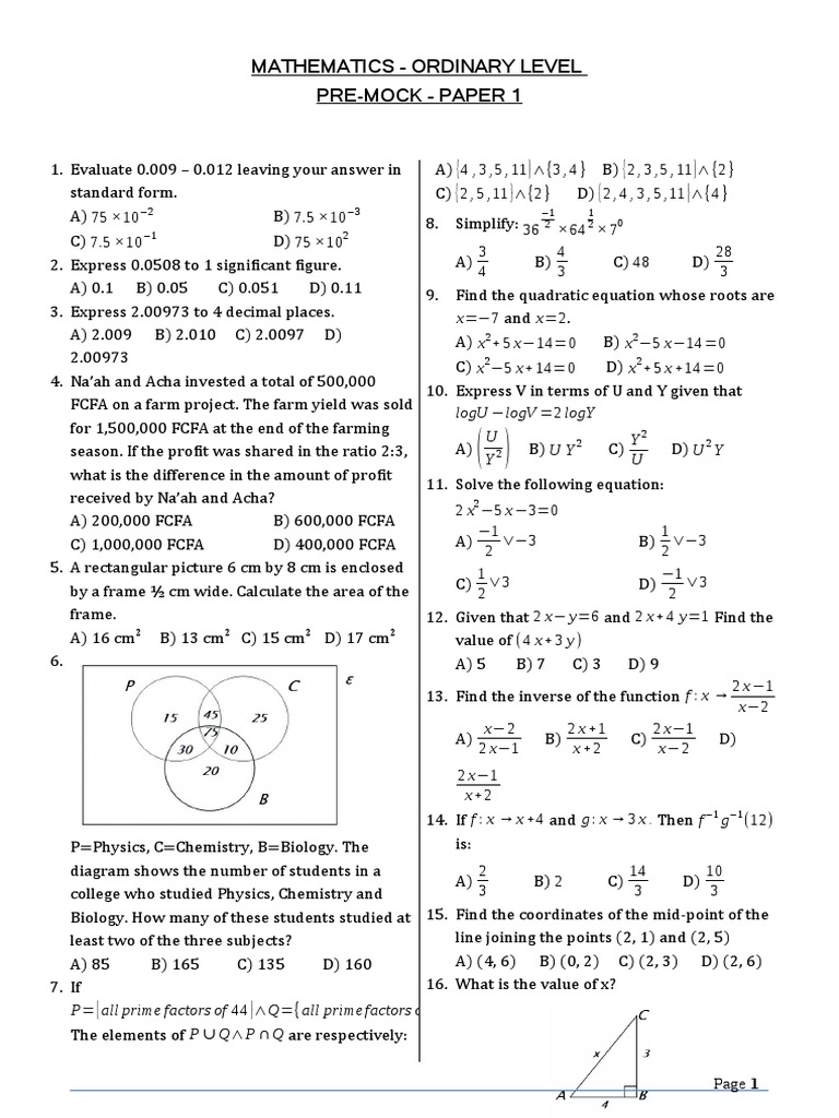 OL Maths - MR Ambessi PRE MOCK P1 | PDF | Elementary Mathematics | Mathematical Concepts