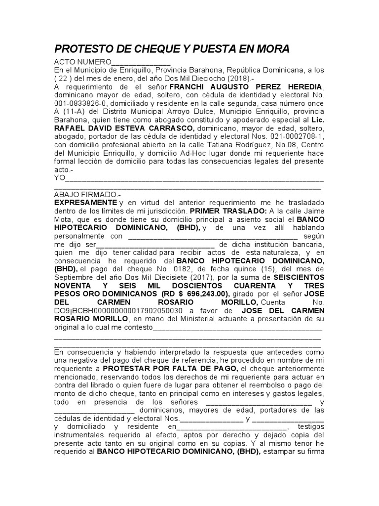 Protesto de Cheque y Puesta en Mora | Descargar gratis PDF | Cheque ...