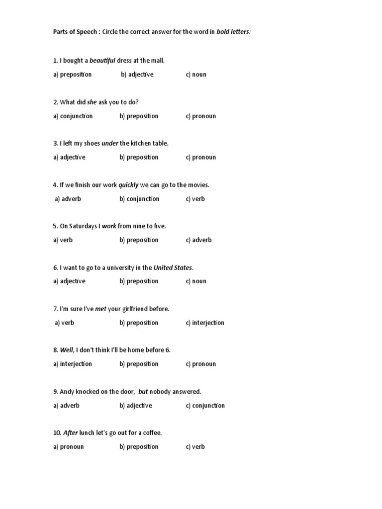 Parts of Speech Extra Practivity | PDF