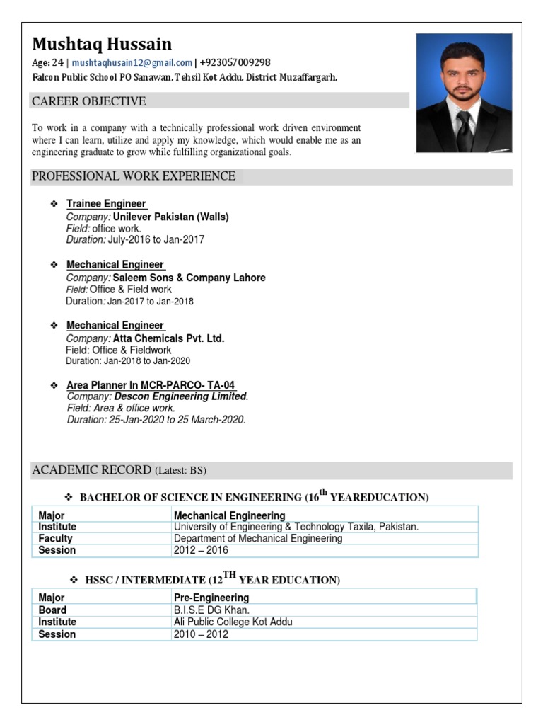 Resume of Mushtaq Hussain Seeking a Mechanical Engineering Position ...