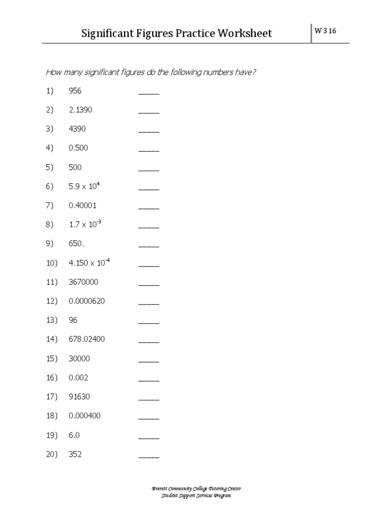 Significant Figures Practice Worksheet: Everett Community College ...