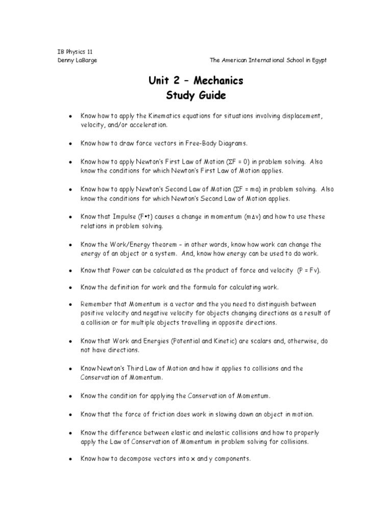 Unit 2 - Mechanics Study Guide: Ib Physics 11 Denny Labarge The ...