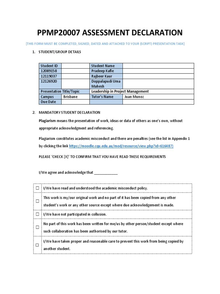 PPMP20007 Assessment Declaration Script | PDF | Leadership | Learning