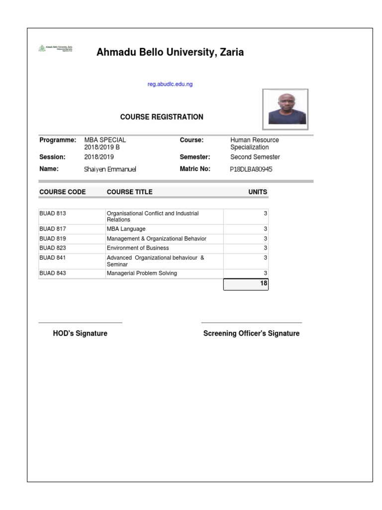 Ahmadu Bello University, Zaria: Course Registration | PDF