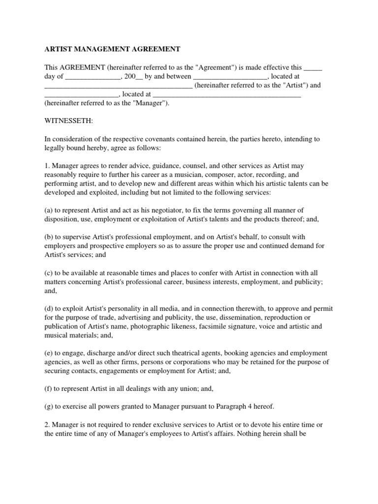 Artist Management Agreement Template | PDF | Expense | Fee