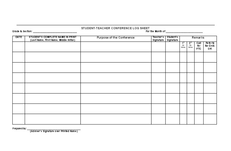 Student-Teacher Conference Log Sheet Purpose of The Conference Remarks ...