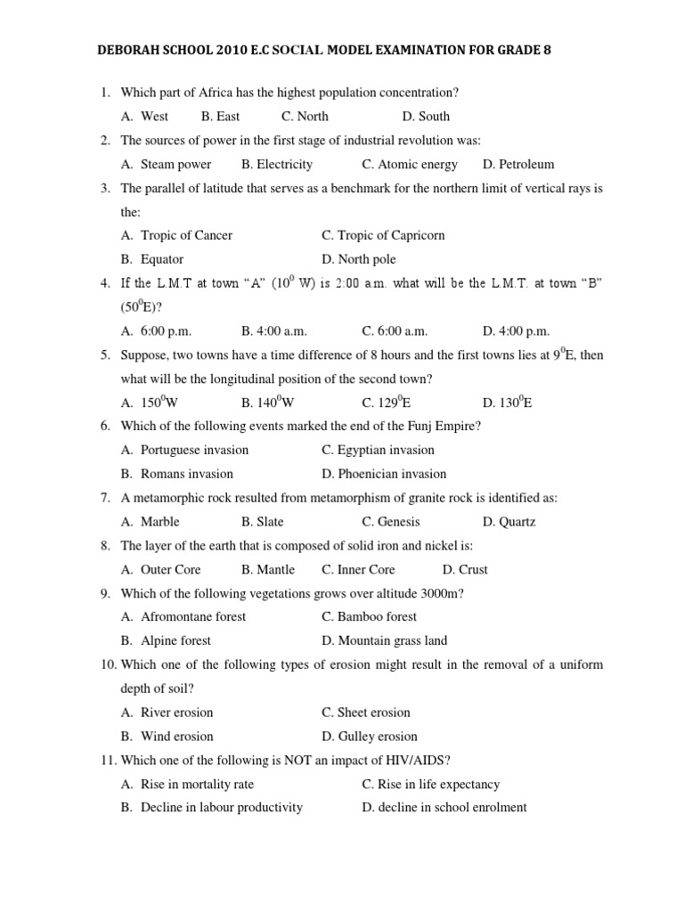 Deborah Social Studies Model Exam 2 | PDF | Africa | Rock (Geology)