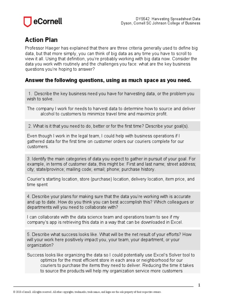 Action Plan: Answer The Following Questions, Using As Much Space As You ...