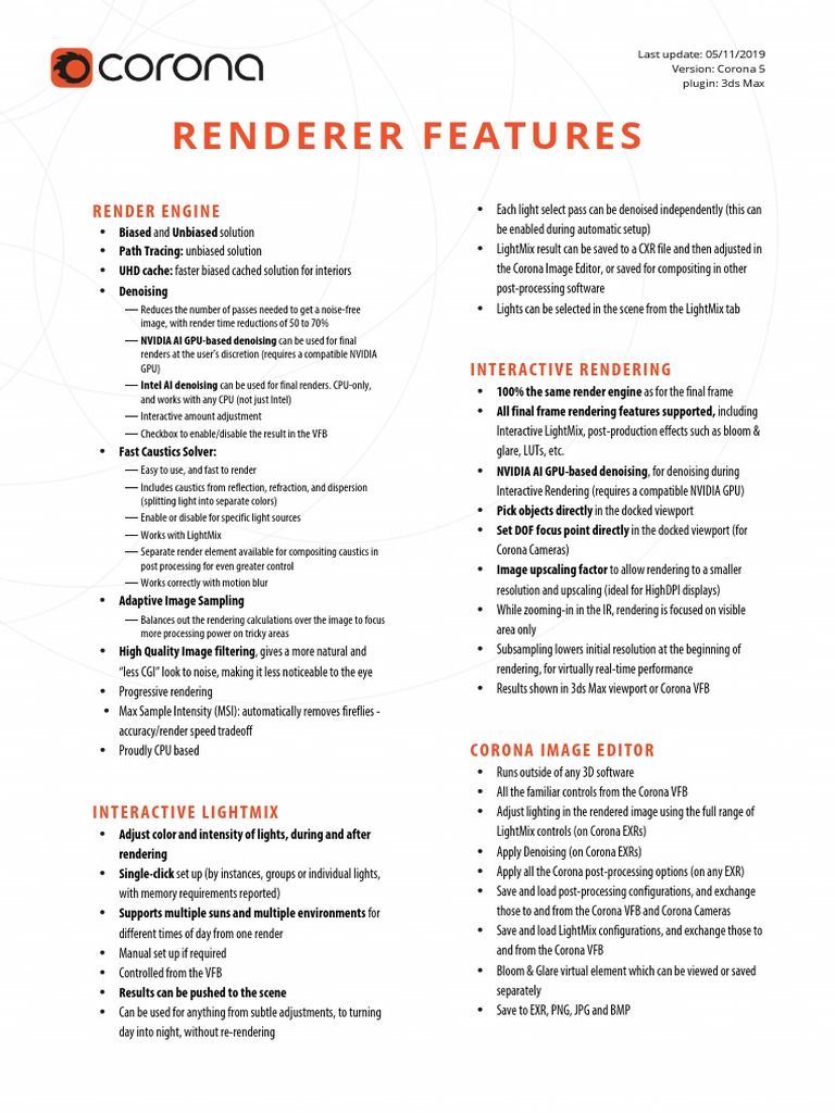 Corona Renderer Feature List | PDF | Shader | Rendering (Computer Graphics)