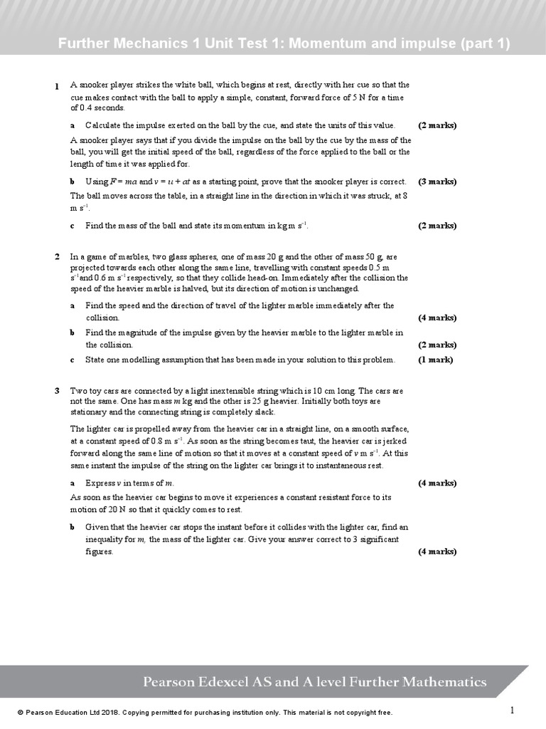 Further Mechanics 1 Unit Test 1 Momentum and Impulse (Part 1) | PDF ...