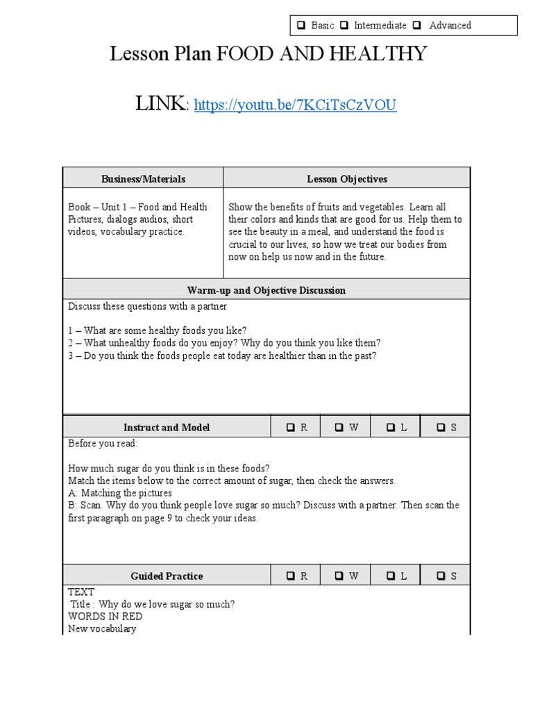 Food and Healthy - Lesson Plan | PDF | Lesson Plan | Foods