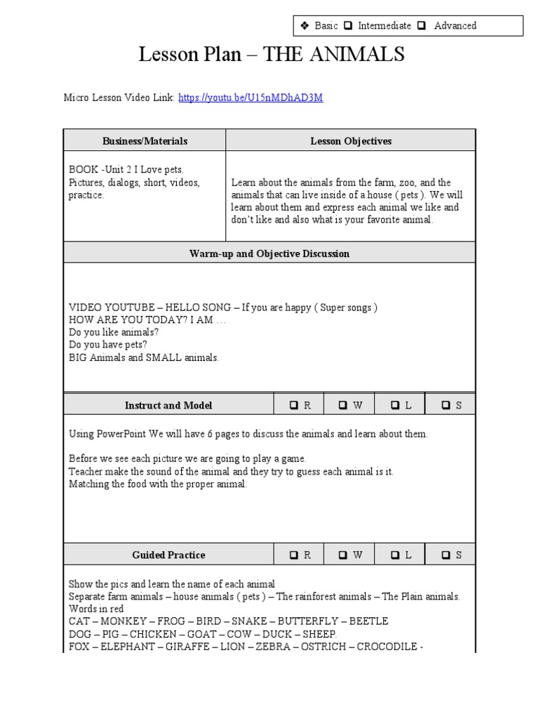 Lesson Plan - THE ANIMALS: Business/Materials Lesson Objectives | PDF ...