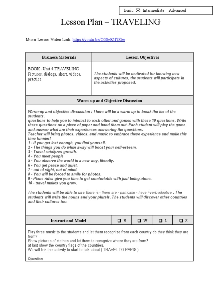 Lesson Plan - TRAVELING: Micro Lesson Video Link | PDF | Vocabulary ...