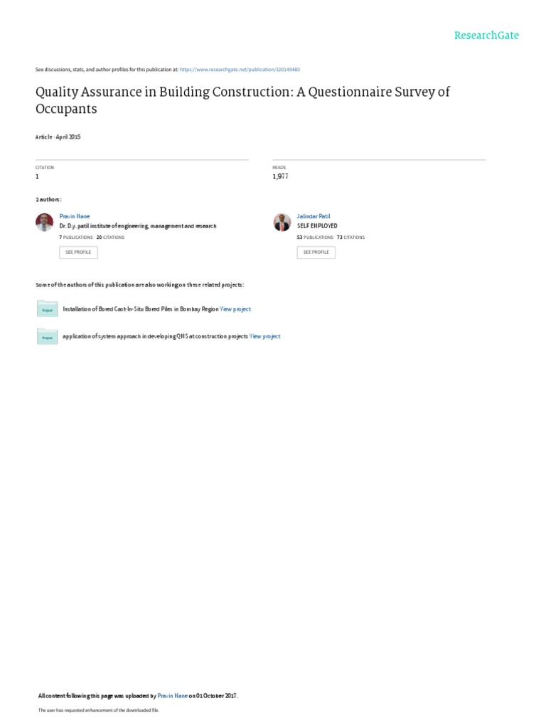 Quality Assurance in Building Construction: A Questionnaire Survey of ...