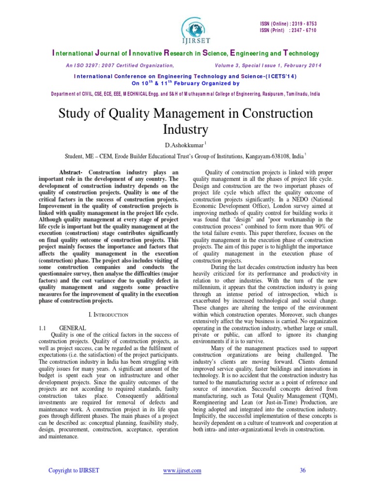 Study of Quality Management in Construction Industry: I J I R S E T | PDF