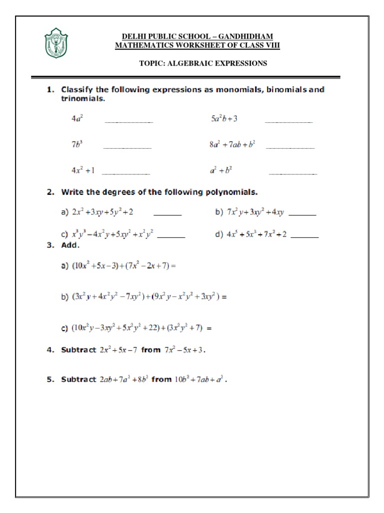 CBSE Class 8 Algebraic Expressions and Identities Worksheet PDF | PDF