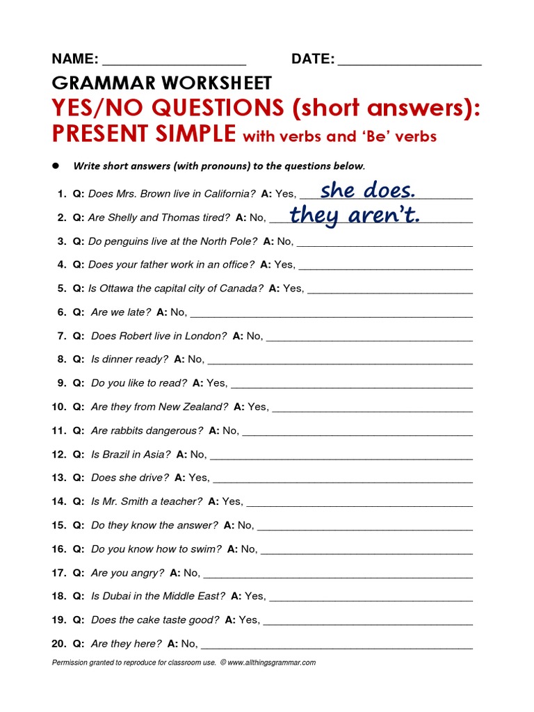 YES/NO QUESTIONS (Short Answers) : Present Simple: Grammar Worksheet | PDF | Syntactic ...