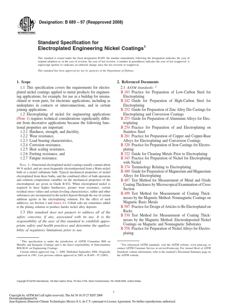 B689 - 97 R08 Standard Specification For Electroplated Engineering ...
