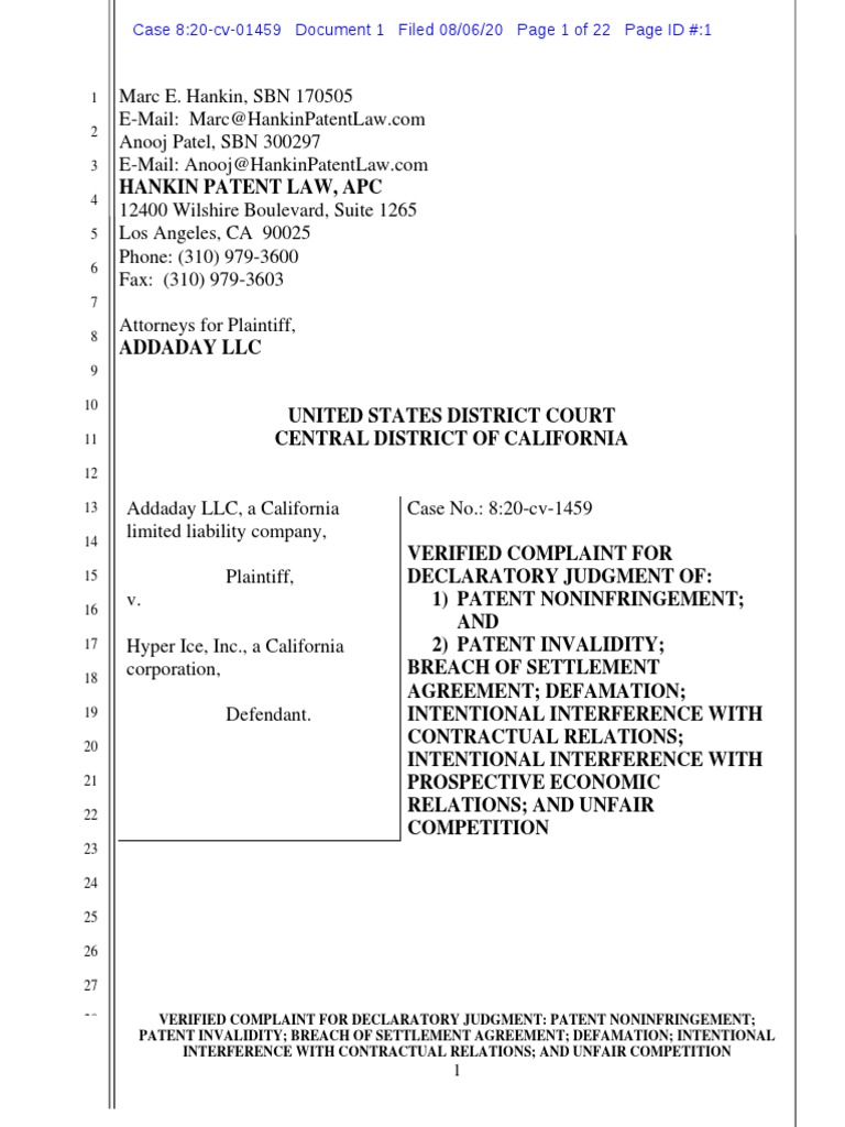 Addaday v. Hyper Ice - Complaint | PDF | Declaratory Judgment | Patent