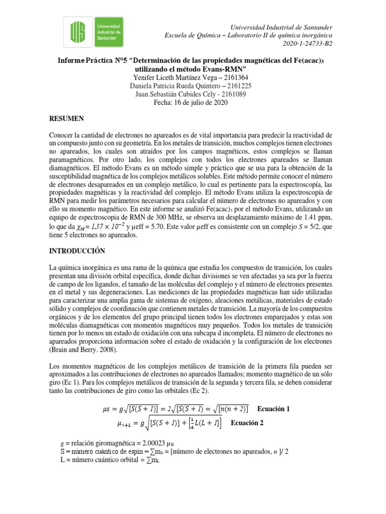 Informe 5-Lab Ii Inor PDF | PDF | Complejo de Coordinación | Resonancia ...