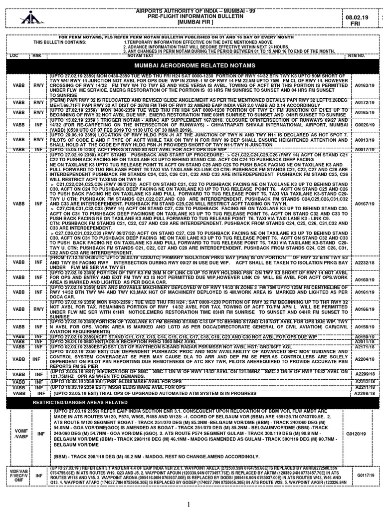 Mumbai Aerodrome Related Notams: 08.02.19 FRI 29.10.18 MON | PDF | Transport Safety | Electronics