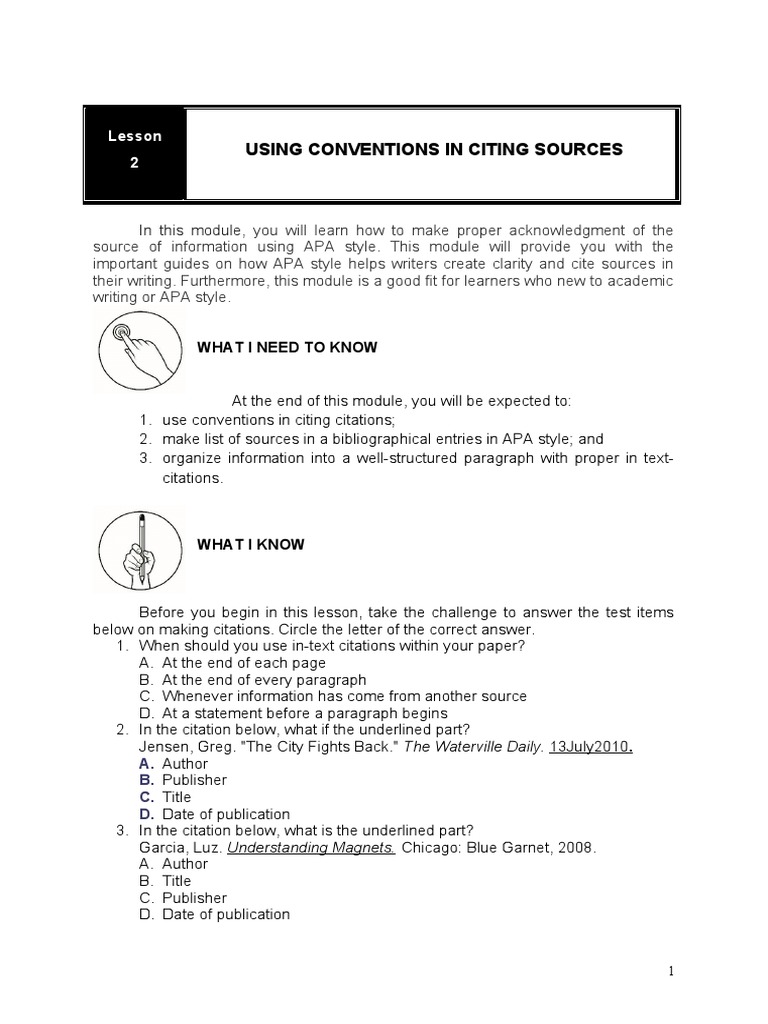 Using Conventions in Citing Sources: Lesson 2 | PDF | Citation | Video ...
