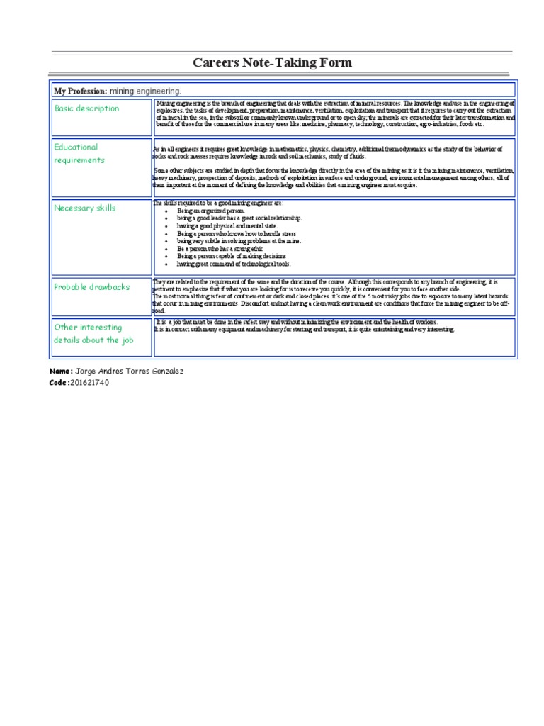 Careers Note-Taking Form: Mining Engineering | PDF | Mining | Engineer