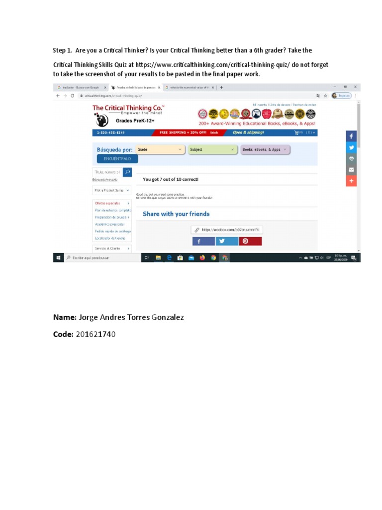 Critical Thinking Skills Quiz Instructions | PDF | Games & Activities ...