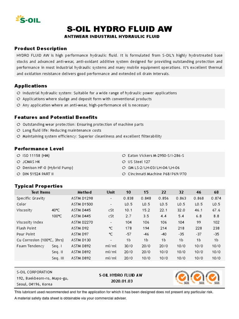S-OIL HYDRO FLUID AW: A High Performance Antiwear Industrial Hydraulic ...