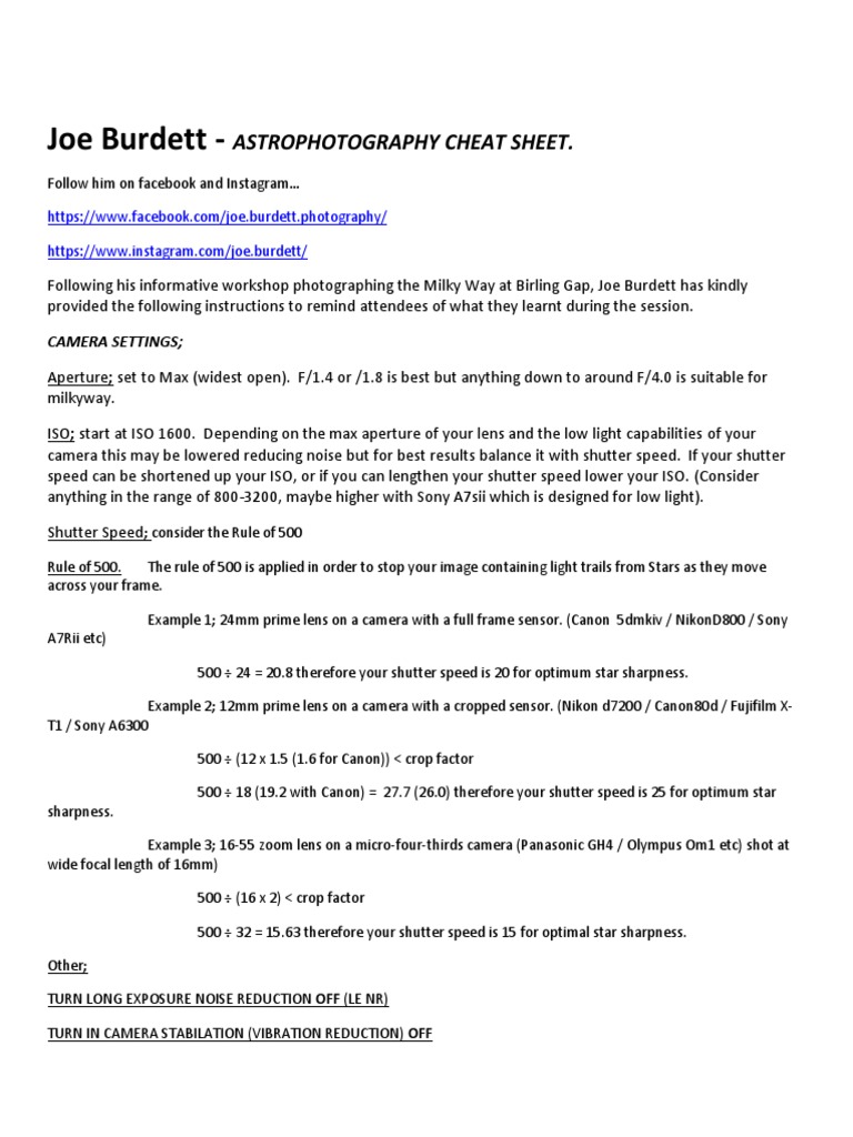 Joe Burdett - : Astrophotography Cheat Sheet | PDF | Camera | Shutter Speed