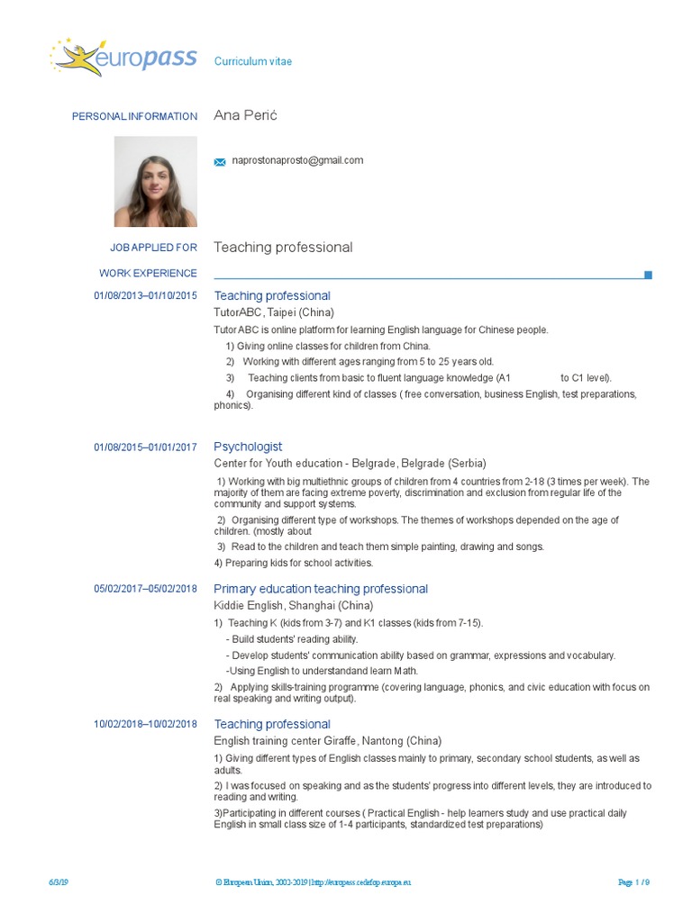 Ana Peric CV | PDF | Learning | Cognition