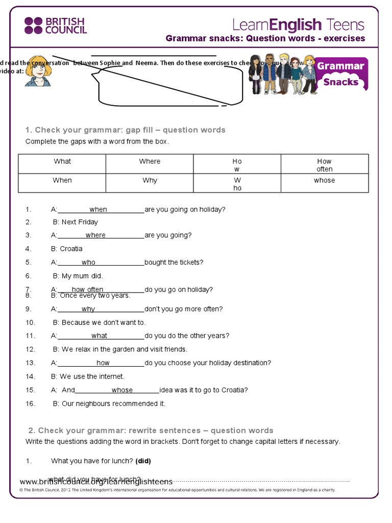 Grammar Snacks: Question Words - Exercises | PDF | Question | Syntax