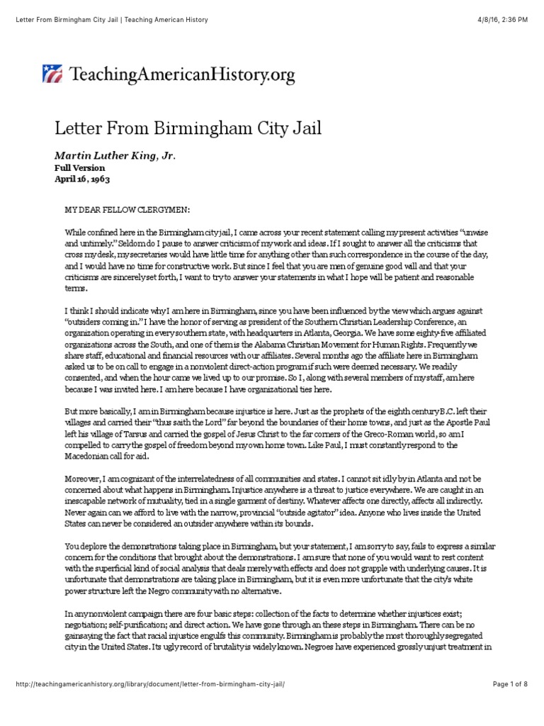 Letter From Birmingham City Jail: Martin Luther King, JR | PDF ...