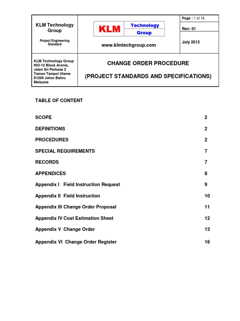 Change Order Procedure (Project Standards and Specifications) | PDF | Specification (Technical ...
