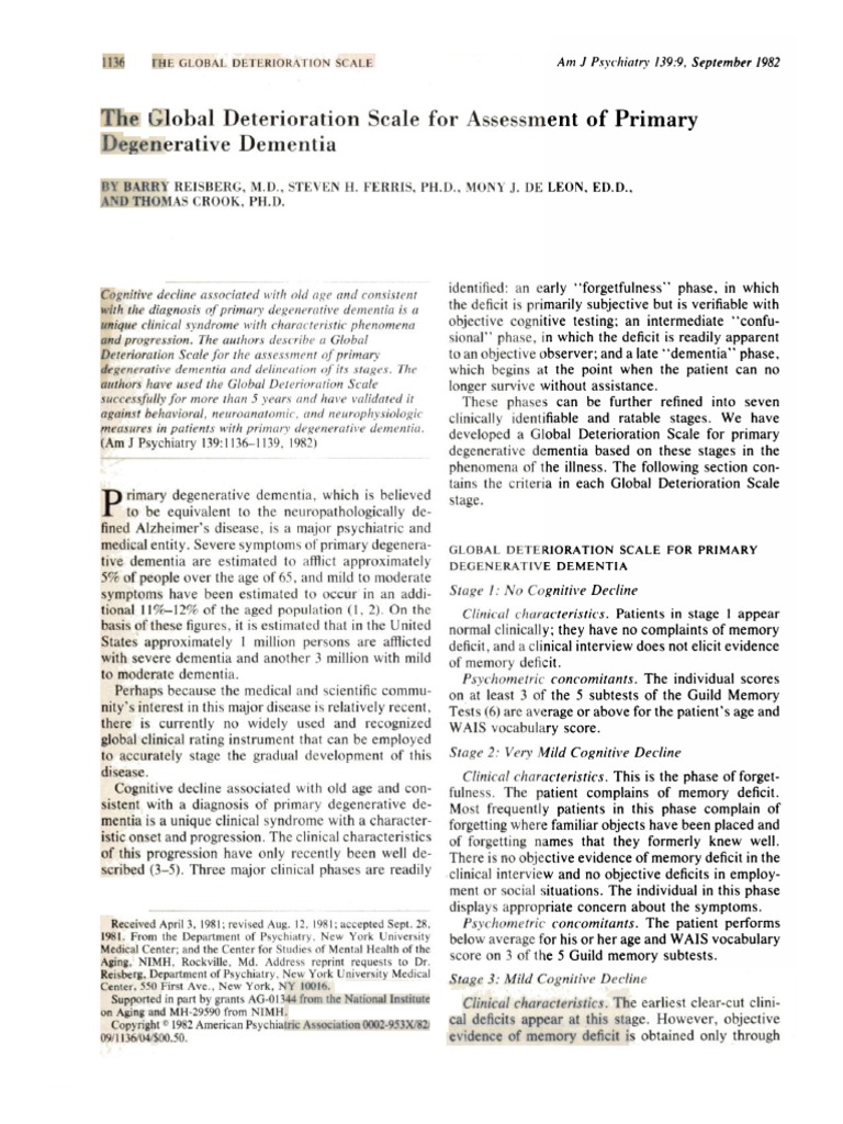 Global Deterioration Scale Reisberg | PDF | Dementia | Neurodegeneration