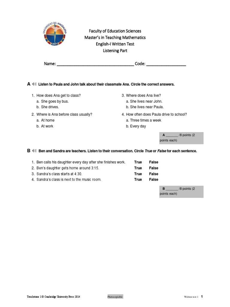 English-I Written Test Listening | PDF