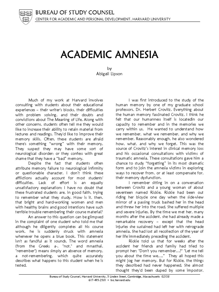 Academic Amnesia - Harvard | PDF | Amnesia | Memory