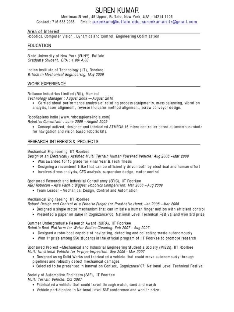 Suren Kumar Resume Jan192010 | PDF | Robotics | Science And Technology