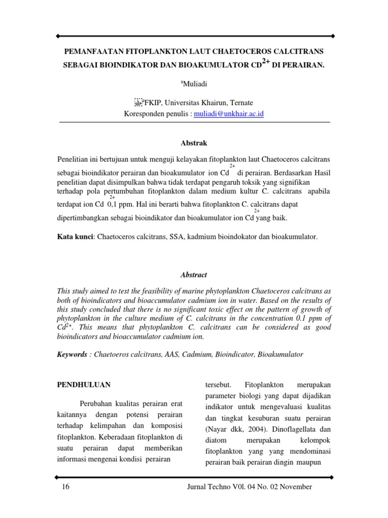 Pemanfaatan Fitoplankton Laut Chaetoceros Calcitrans Sebagai Bioindikator Dan Bioakumulator CD2 ...