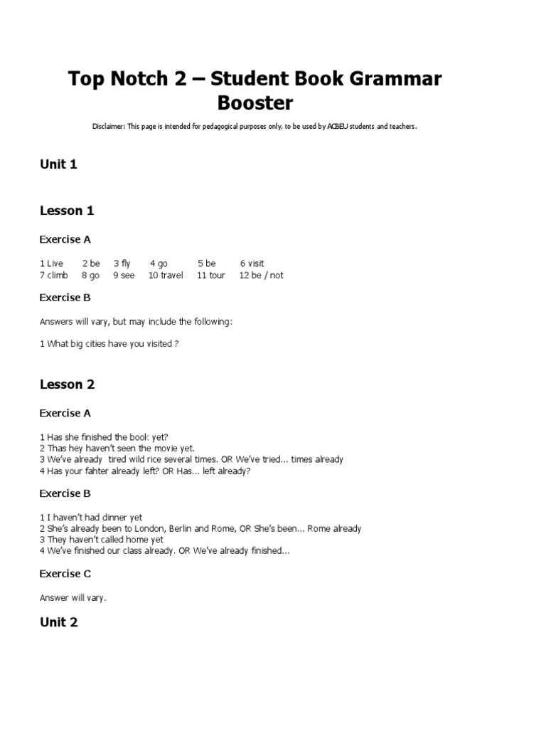 Top Notch 2 - Student Book Grammar Booster: Unit 1 | PDF