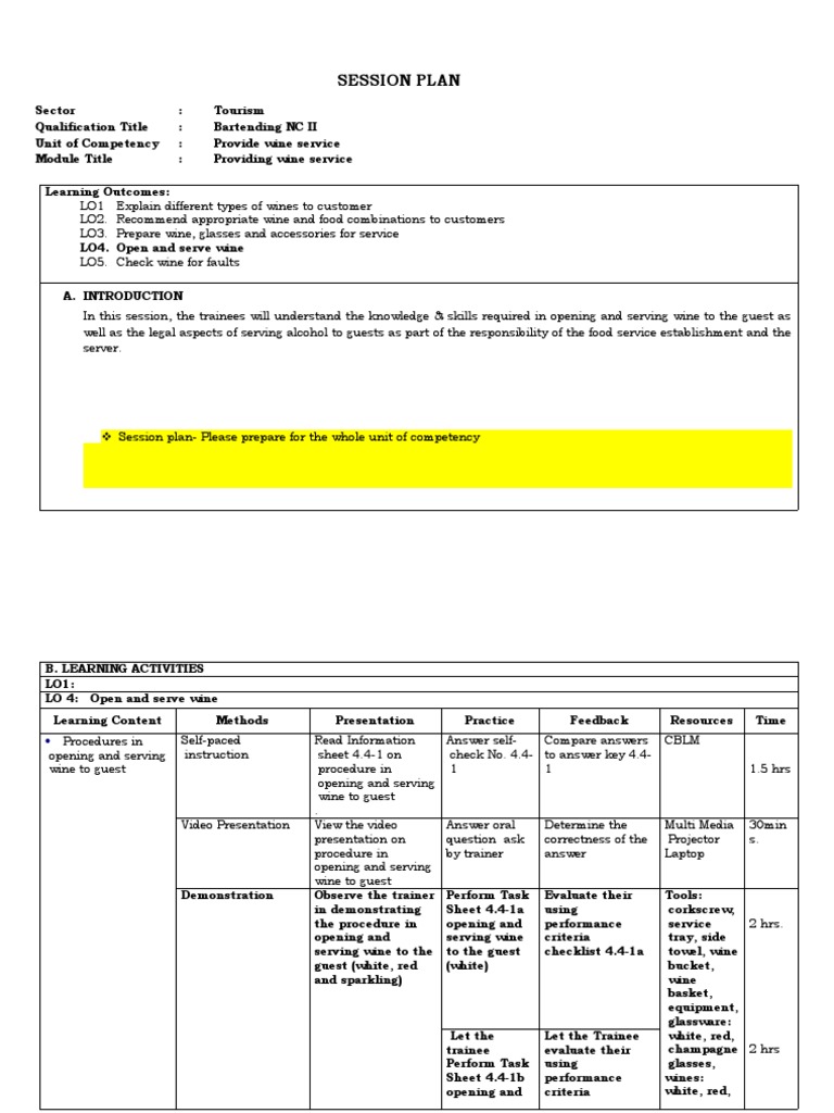 Rojo PTS 7 - BARTENDING NCII CORE SESSION PLAN Configure Compute | PDF | Learning | Behavior ...