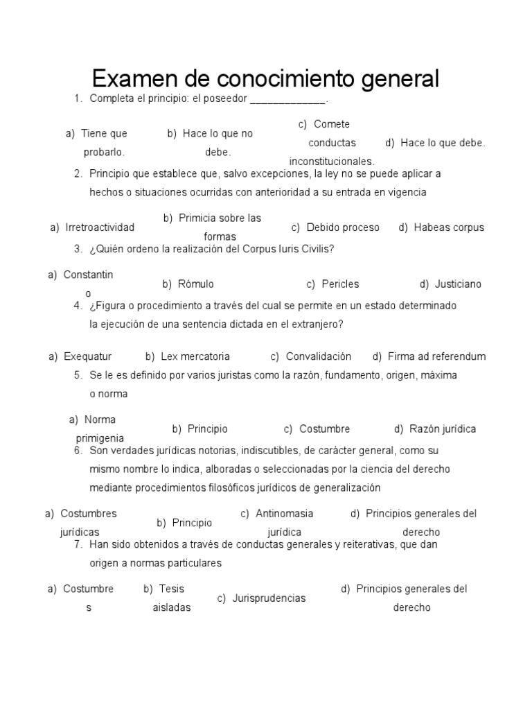 Examen de Conocimiento General | PDF | Principios éticos | Conceptos legales